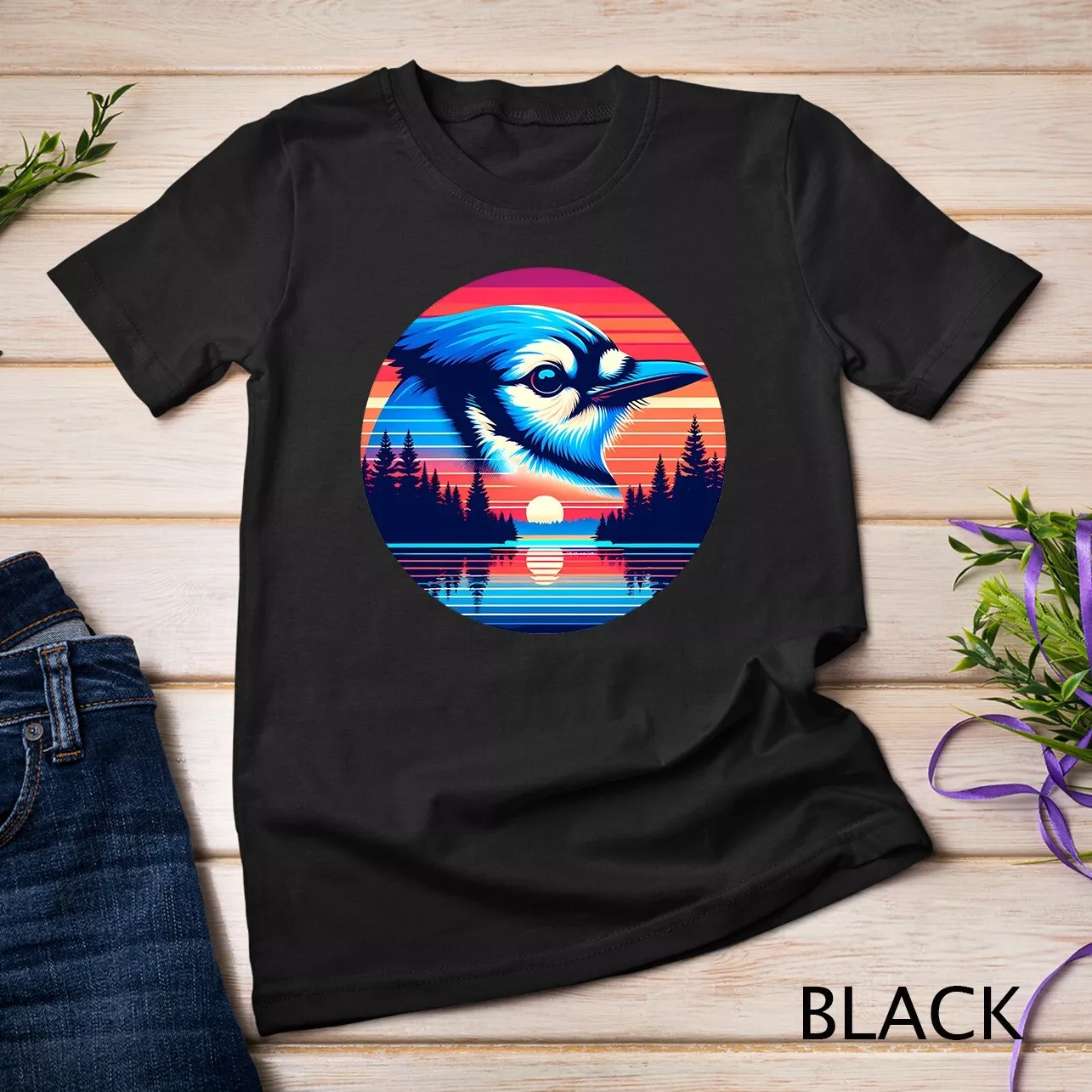 Gildan Blue Jay Bird Sunset Retro Style Safari Vintage 70S Tee Unisex T ...