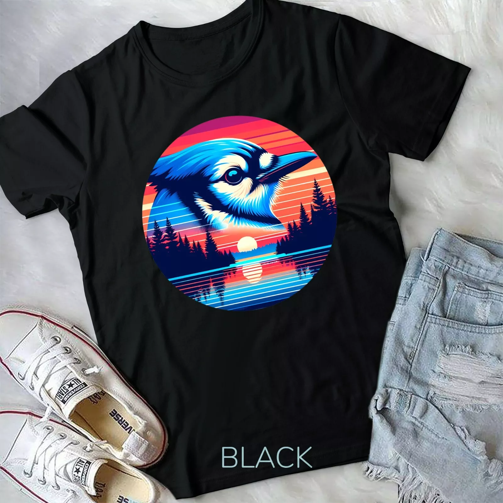 Gildan Blue Jay Bird Sunset Retro Style Safari Vintage 70s Tee Unisex T ...