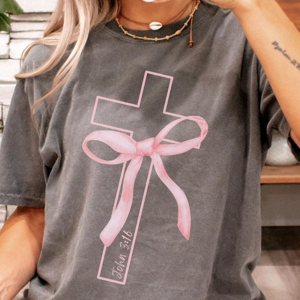 Gildan Boho Coquette Christian Tee, Pink Bow Cross Design With Bible Verse Message, Aesthetic ...