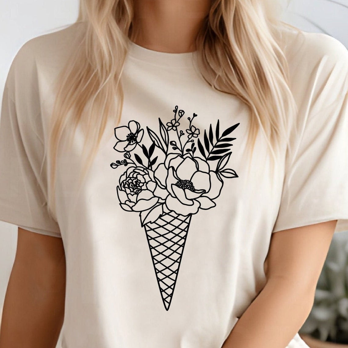 Gildan Boho Ice Cream Cone Tee With Floral Graphic For Summer Nature ...