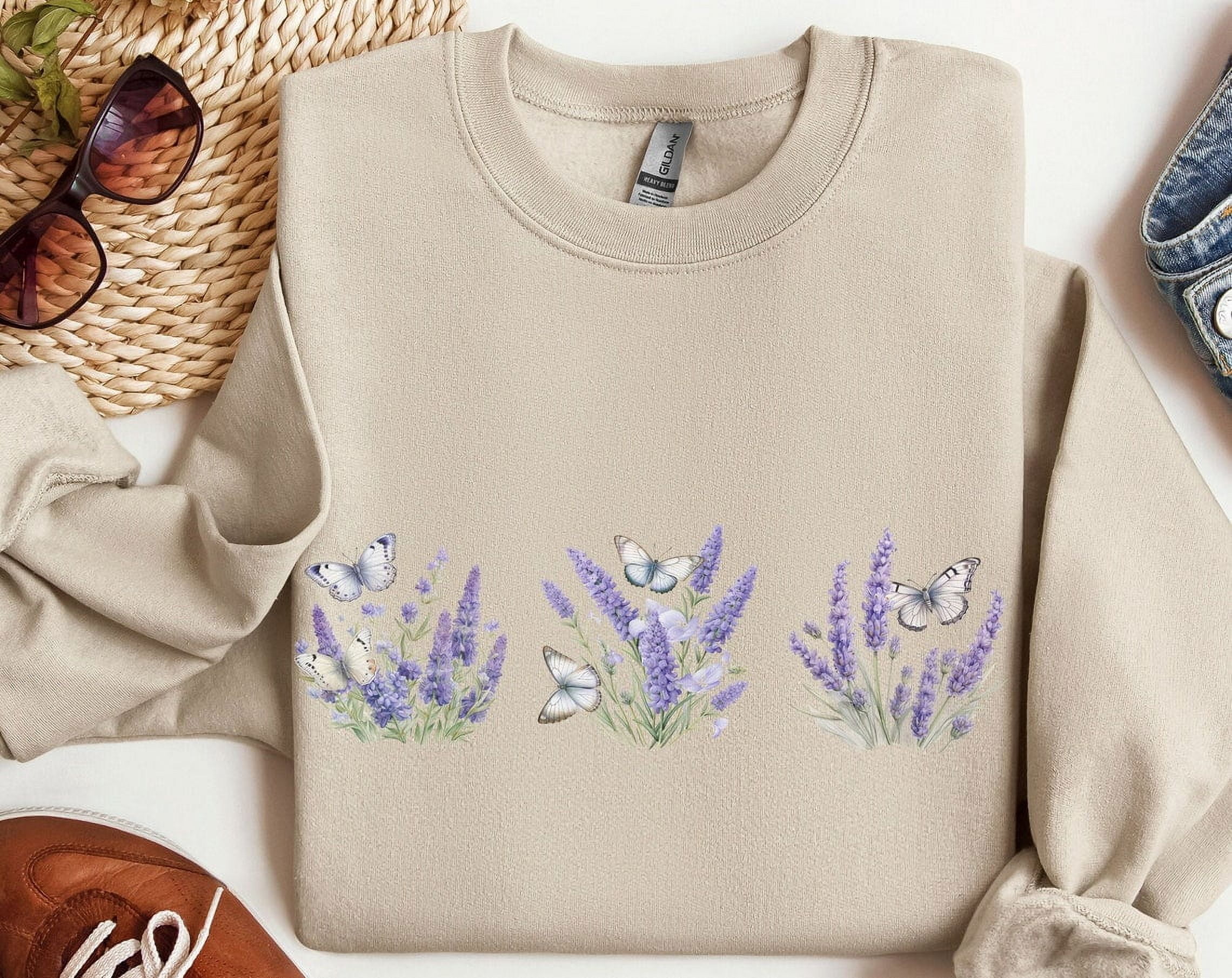 Gildan Botanical Butterfly Tee With Lavender And Floral Accents, Garden ...