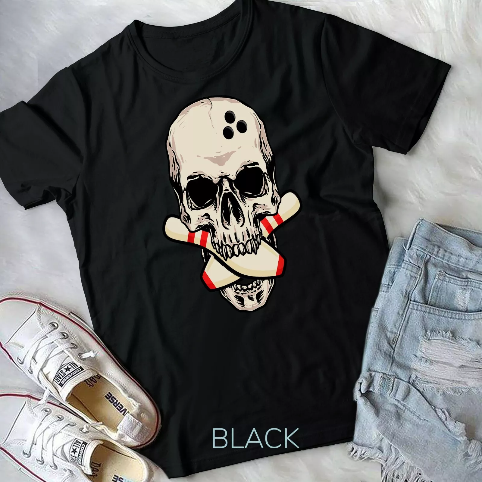 Gildan Bowling Pins Retro Skull Skeleton Head Bowling Ball T-Shirt ...