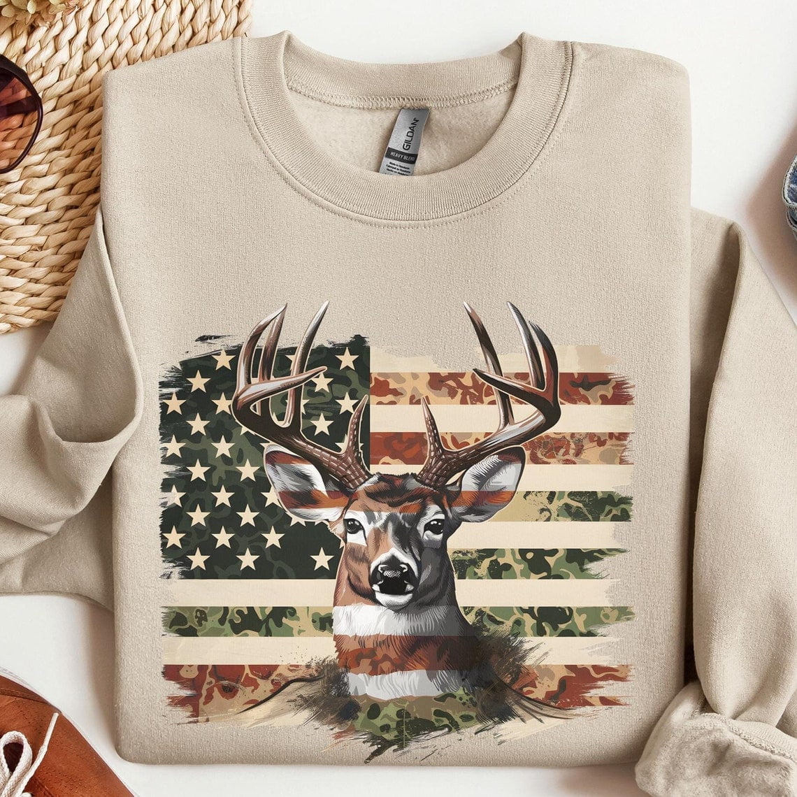Gildan Camouflage Deer Graphic Shirt With Patriotic Nature Theme, Hunting Inspired Forest Tee ...