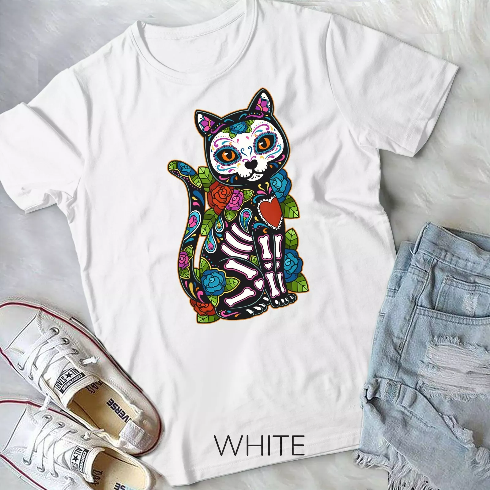 Gildan Cat Sugar Skull Mexico Calavera Dia De Los Muertos Halloween ...