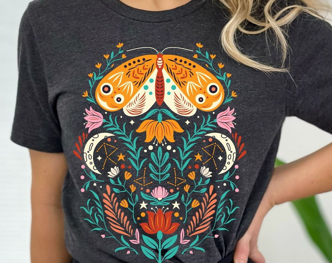 Gildan Celestial Moth And Moon Phases Tee With Astrology Design, Nature ...