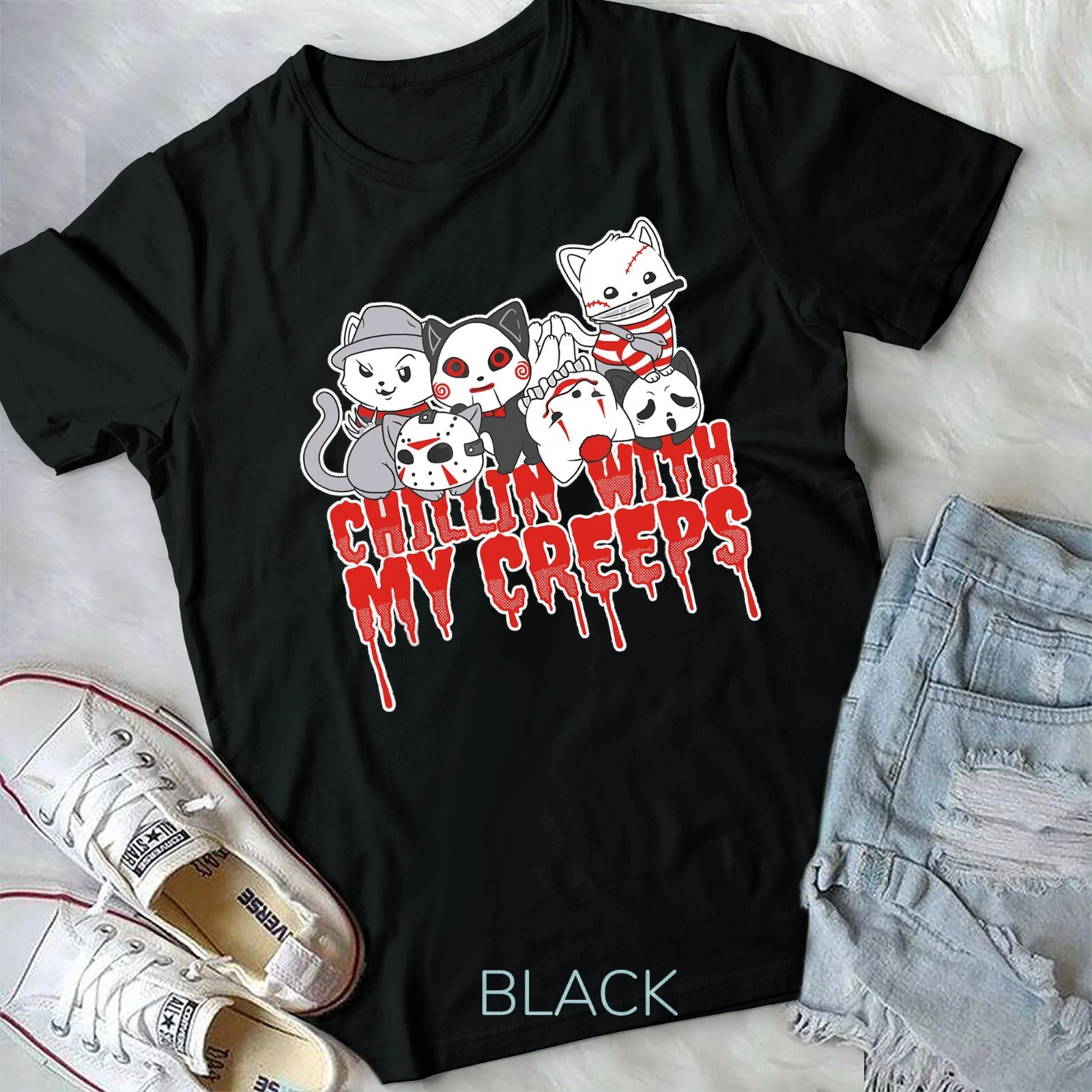 Gildan Chillin With My Creeps Cat Horror Serial Killer Halloween T ...