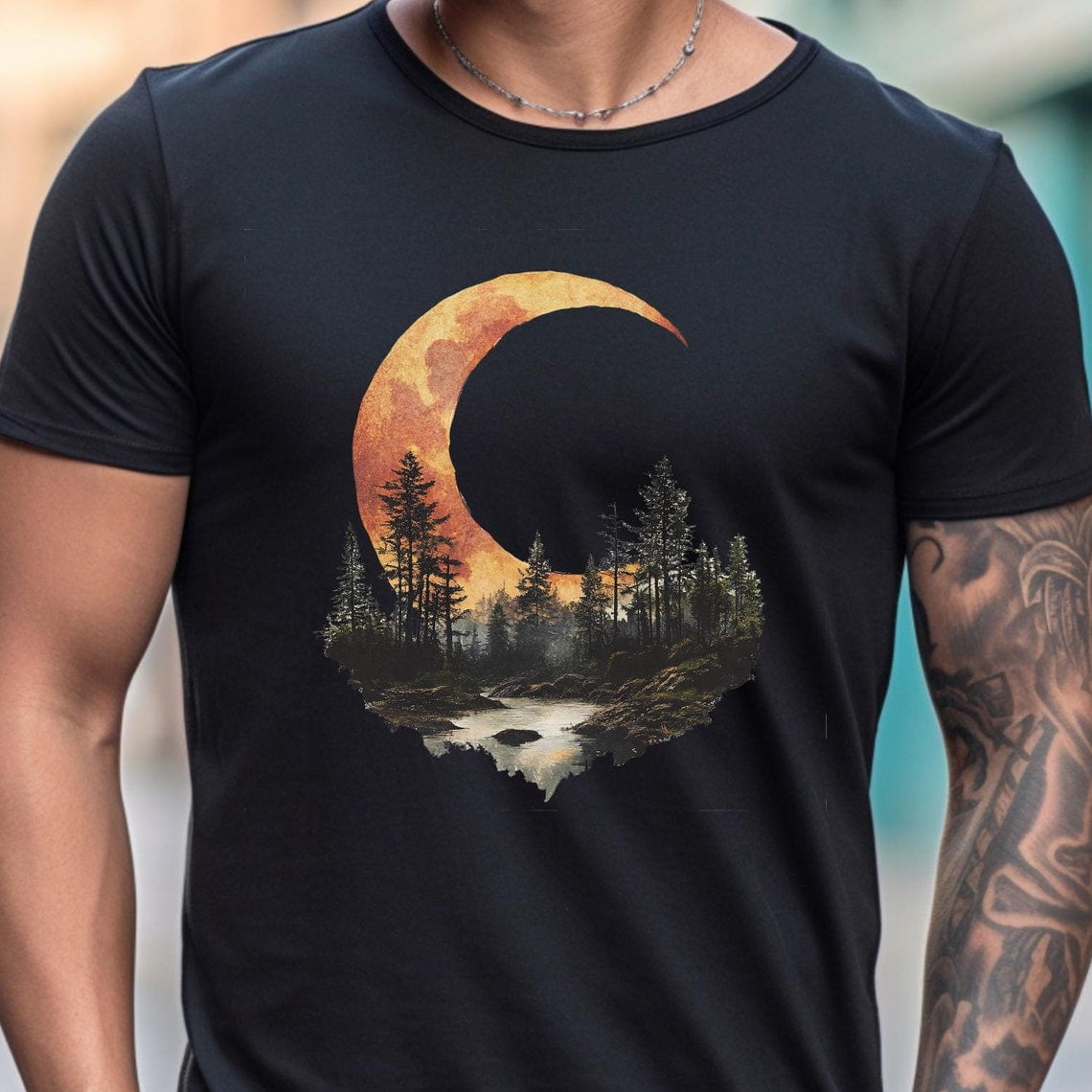 Gildan Crescent Moon And Forest Silhouette Graphic Tee, Nature-Inspired ...