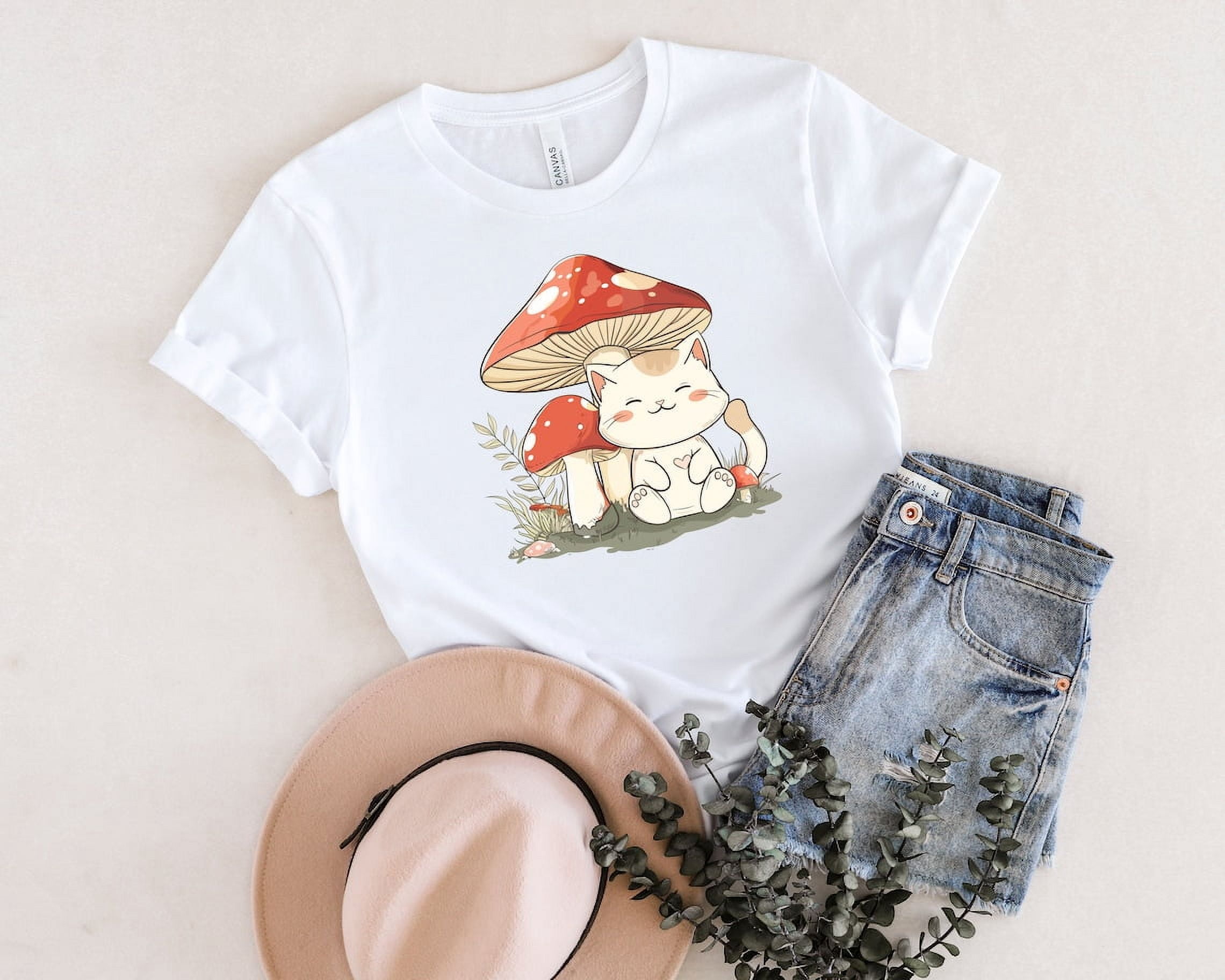 Gildan Cute Mushroom Cat Tee With Whimsical Design, Unique Graphic ...