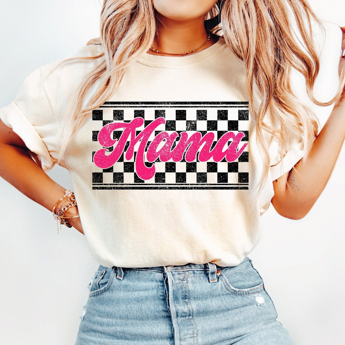 Gildan Distressed Checkered Mama Tee, Classic Black And White Grid ...