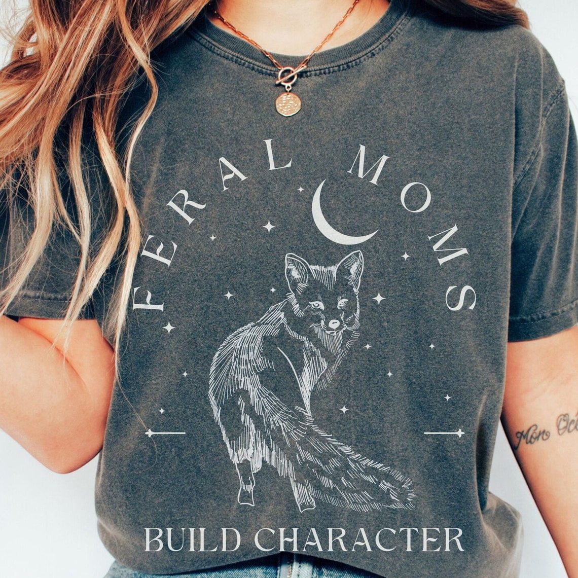 Gildan Feral Moms Build Character Tee, Crescent Moon Fox Graphic With ...