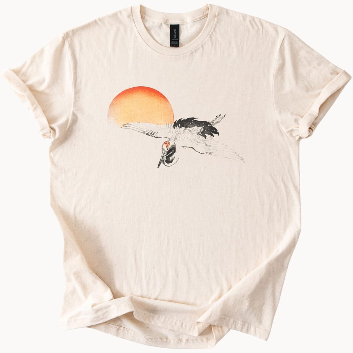 Gildan Flying Crane Shirt With Minimalist Sunset Design, Vintage Nature ...