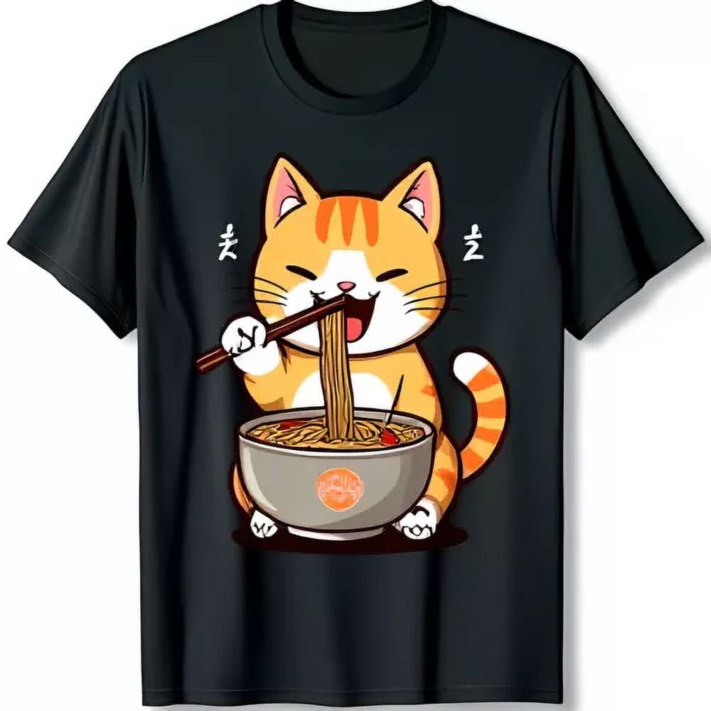 Gildan Funny Black T-Shirt with Cartoon Cat Eating Ramen Unique Cat ...