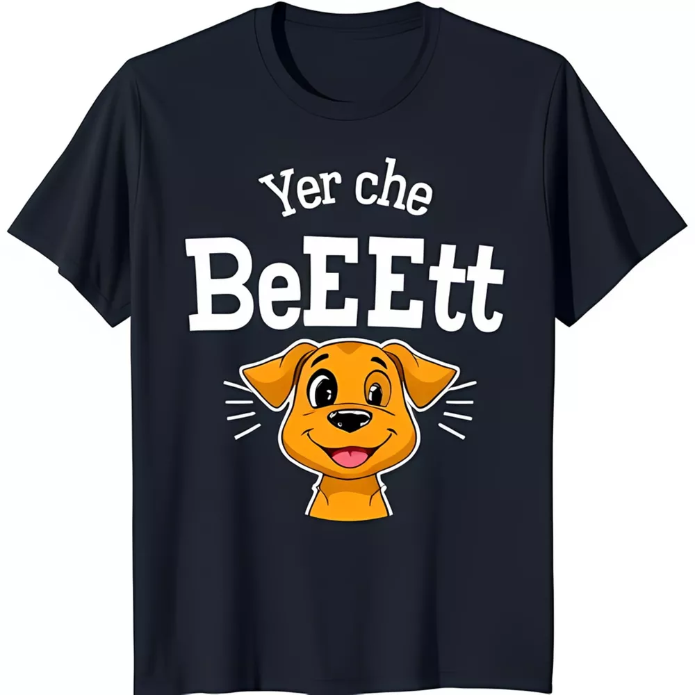 Gildan Funny Cartoon Dog T-Shirt Bright Yellow Pup with 'Yer che BeEETT ...