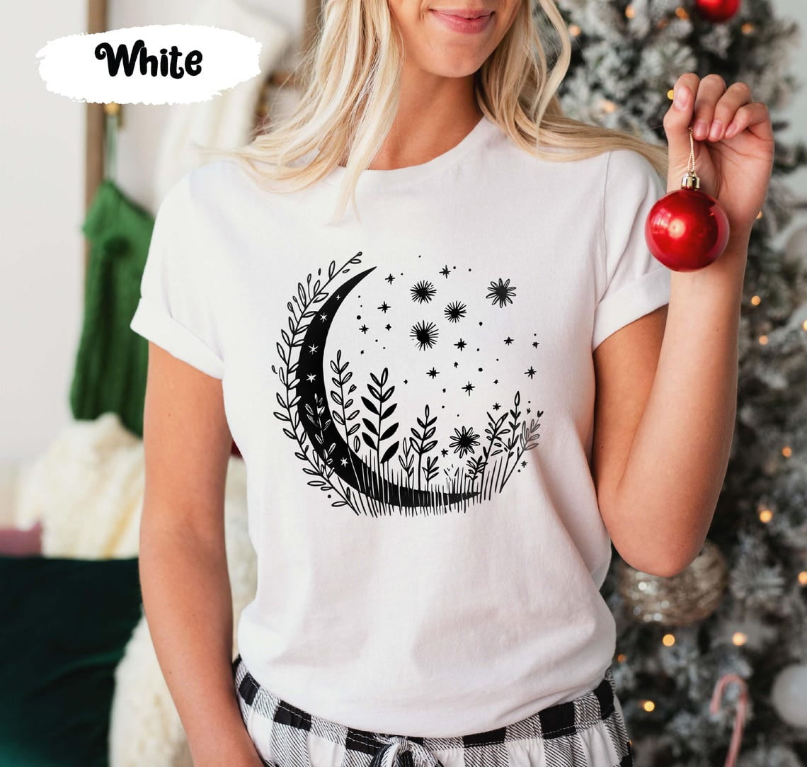 Gildan Galaxy Moon Shirt With Phases Of The Moon And Floral Accents ...