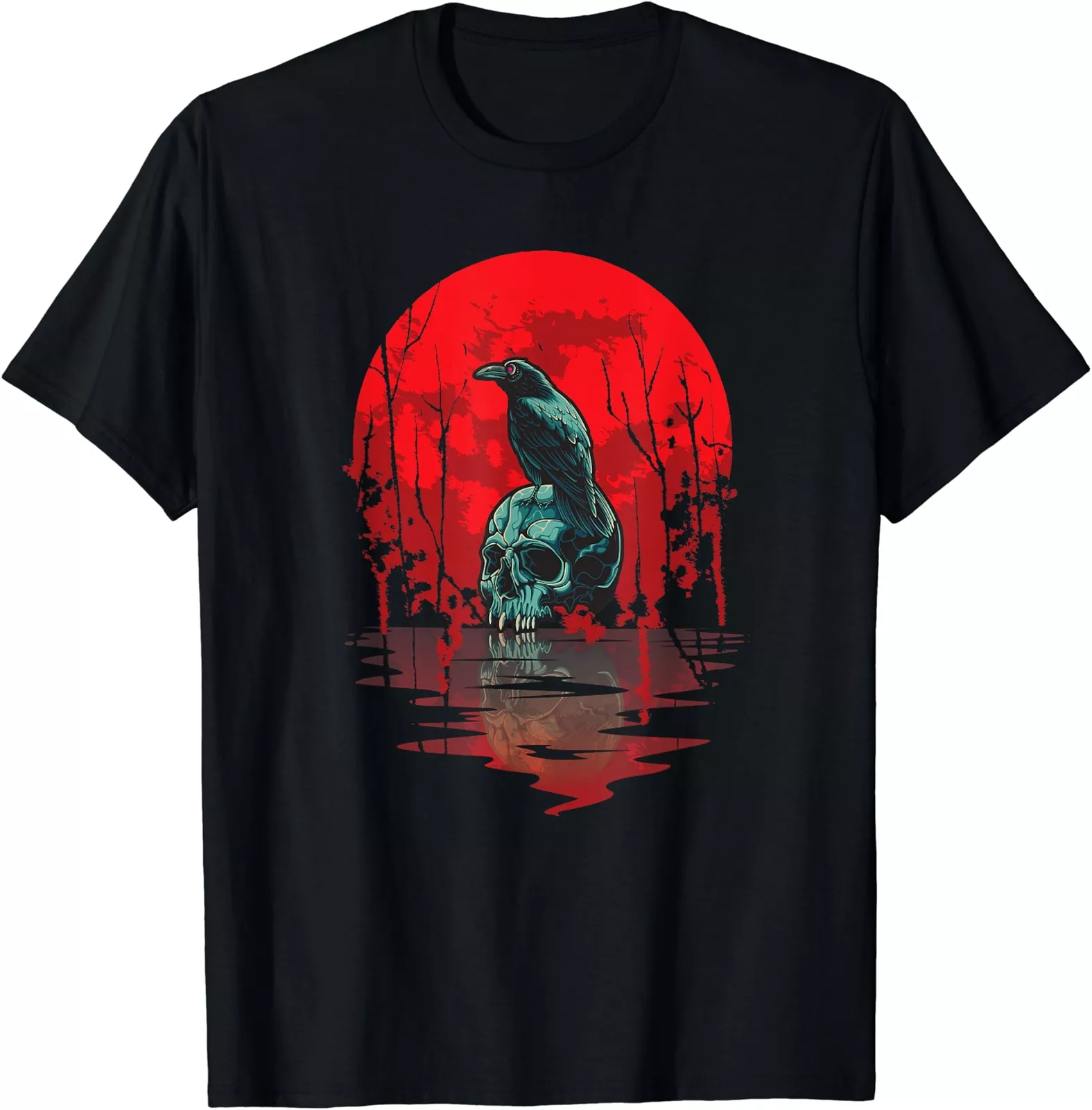 Gildan Gothic Raven Skull Red Moon Black Crow T-Shirt Size S-5XL ...
