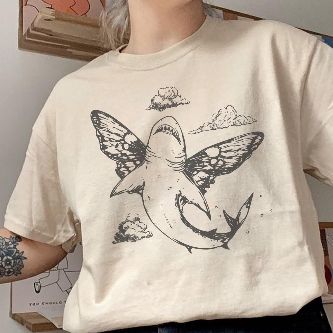 Gildan Great White Shark Sketch Tee, Rustic Marine Life Design With ...