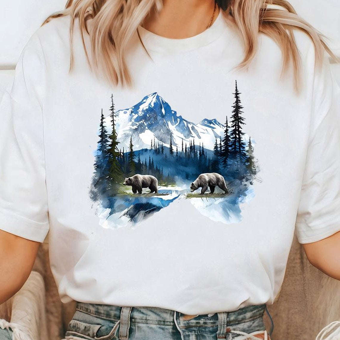 Gildan Grizzly Bear Scene Shirt With Watercolor Wilderness Art, Retro ...