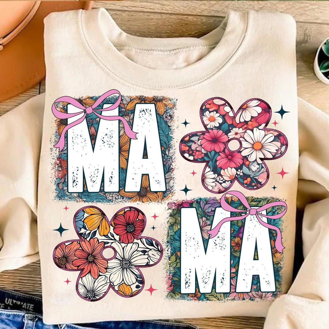 Gildan Groovy Floral Mama Tee, Retro Bow and Bloom Illustration With Feminine Lettering and ...