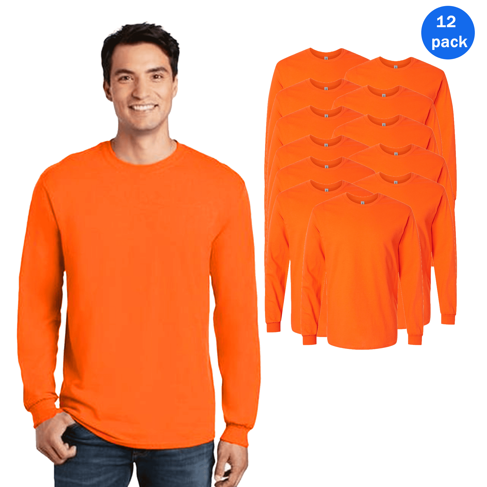 Gildan Hi-Vis Safety Orange Work Shirts - Lightweight Crew Neck Long T ...