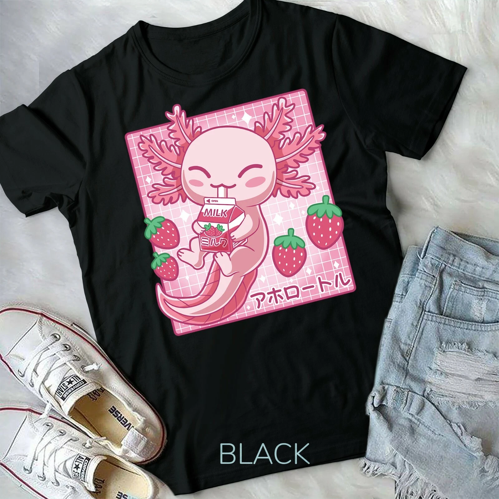 Gildan Kawaii Axolotl Strawberry Milk Shake Carton Japanese Anime ...