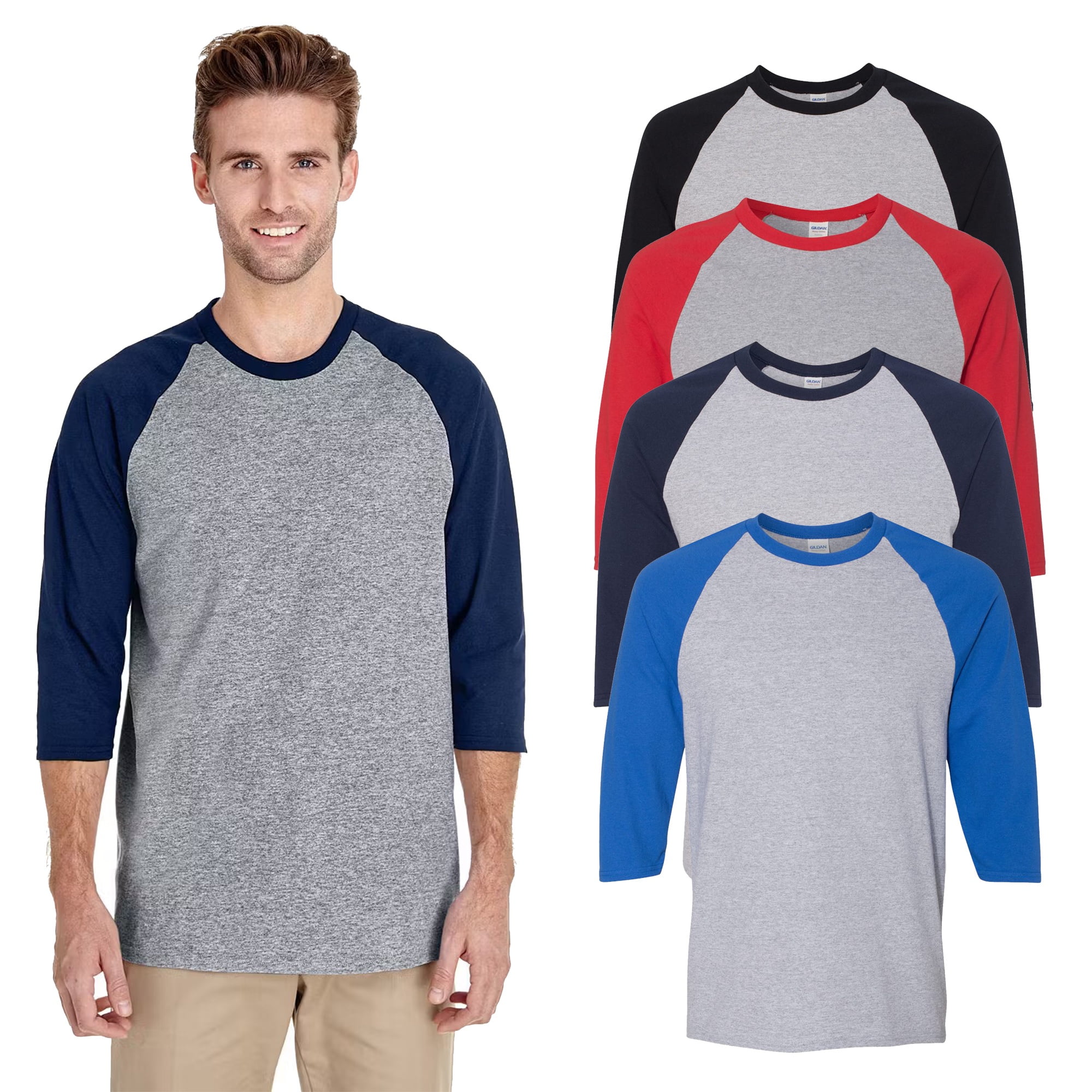 Gildan Men 3/4 Sleeve Raglan T-Shirt - Mix 4 Pack Sizes S-3XL | Heavy ...