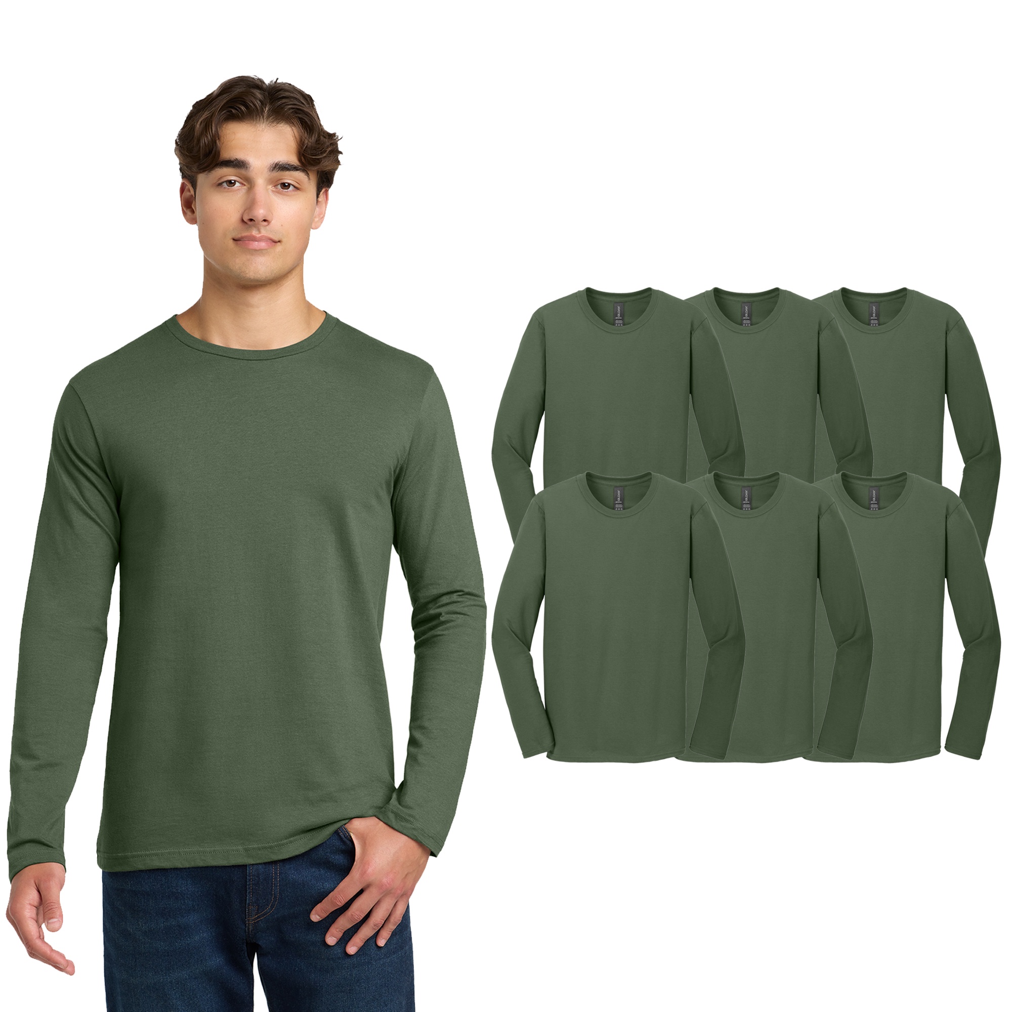 Gildan Men Softstyle Long Sleeve T-Shirt, Blank Military Green Crew ...