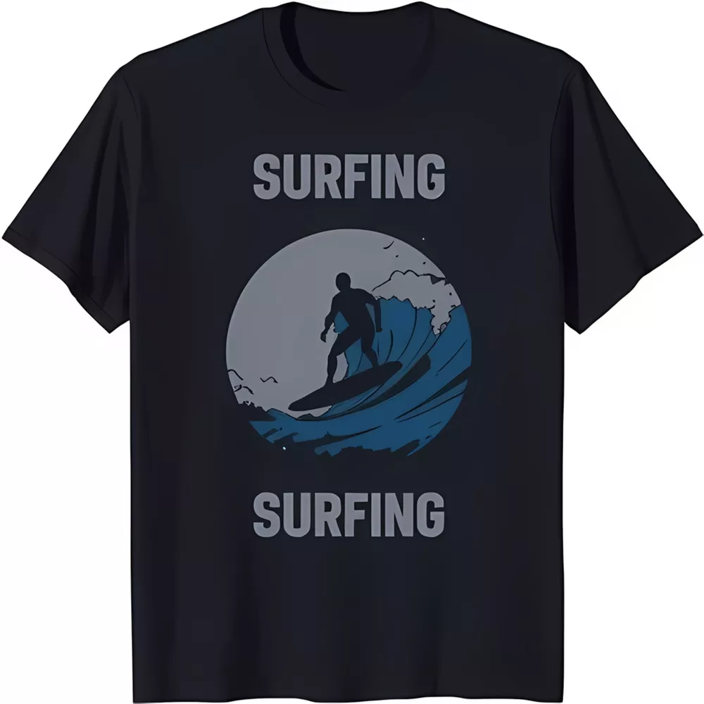 Gildan Men's Black Surfing T-Shirt with Blue Surfing and Star Design ...