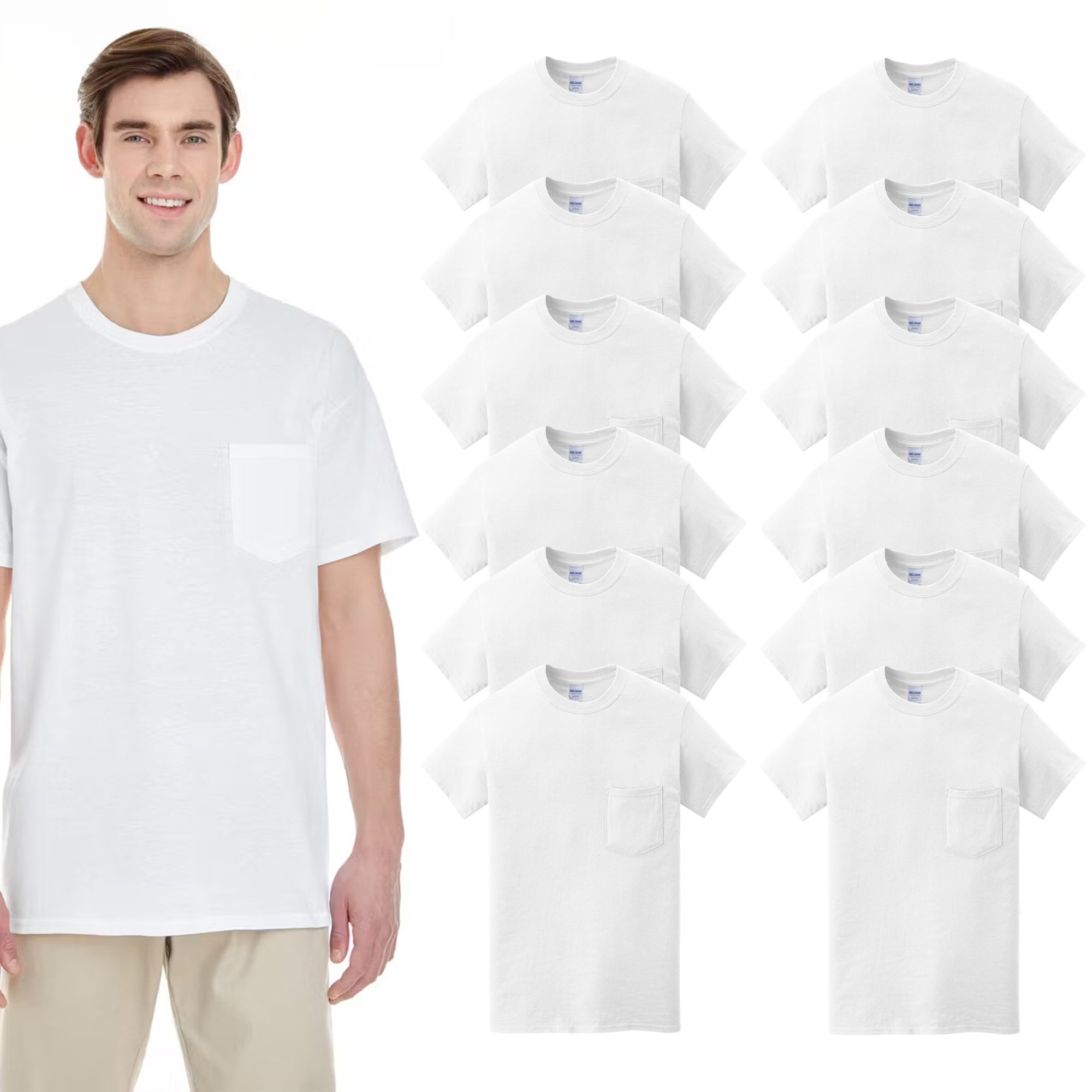 Gildan Men’s Pocket T-Shirt, Heavy Cotton Short Sleeve White Tee, Sizes ...
