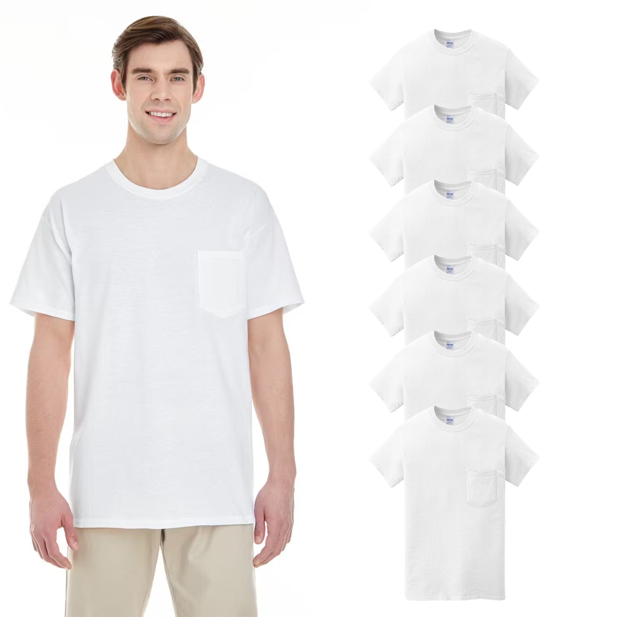 Gildan Men's White Crew Neck Tee with Pocket, Short Sleeve Cotton T ...