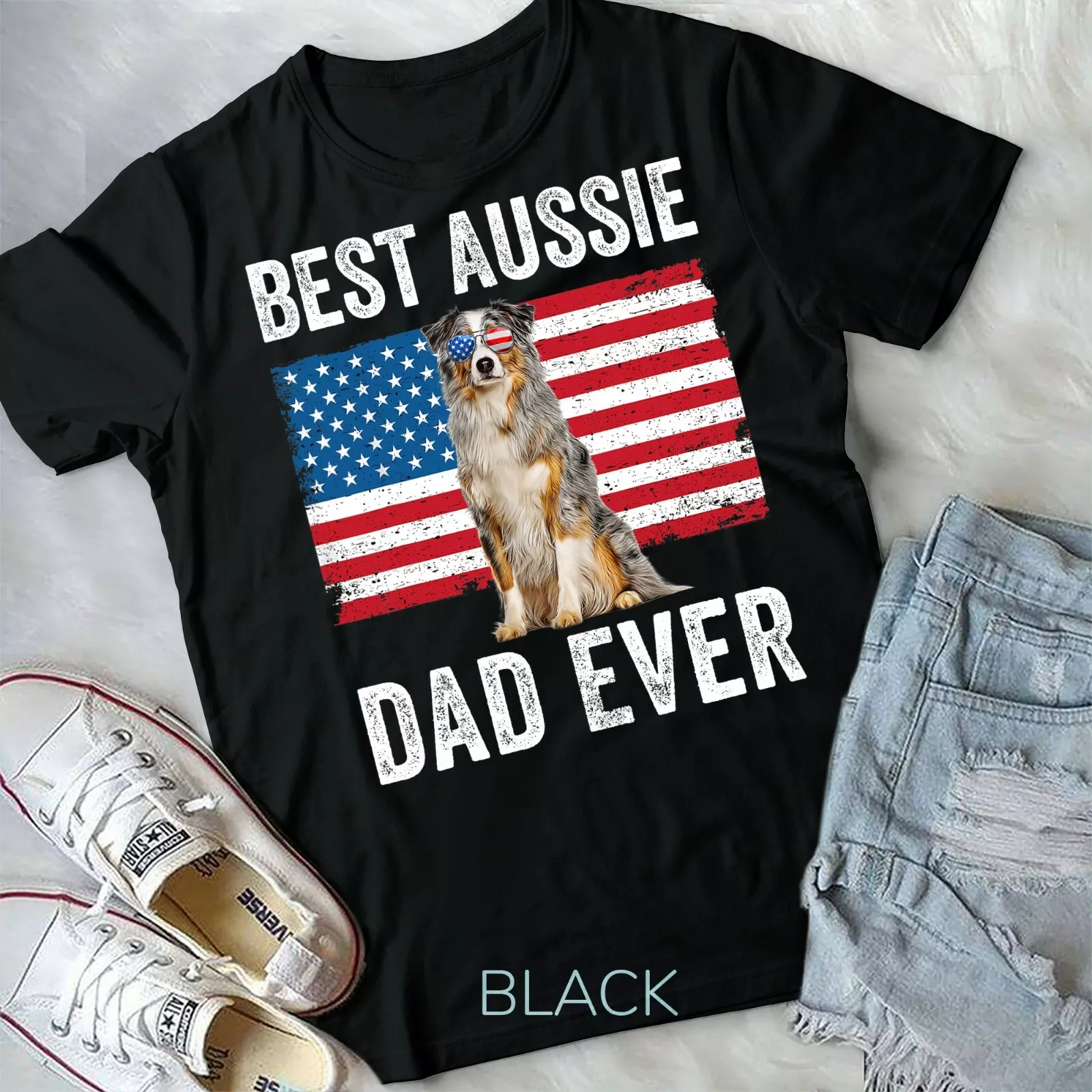 Gildan Mens Australian Shepherd Dad American Flag Dog Lover Aussie Dad ...