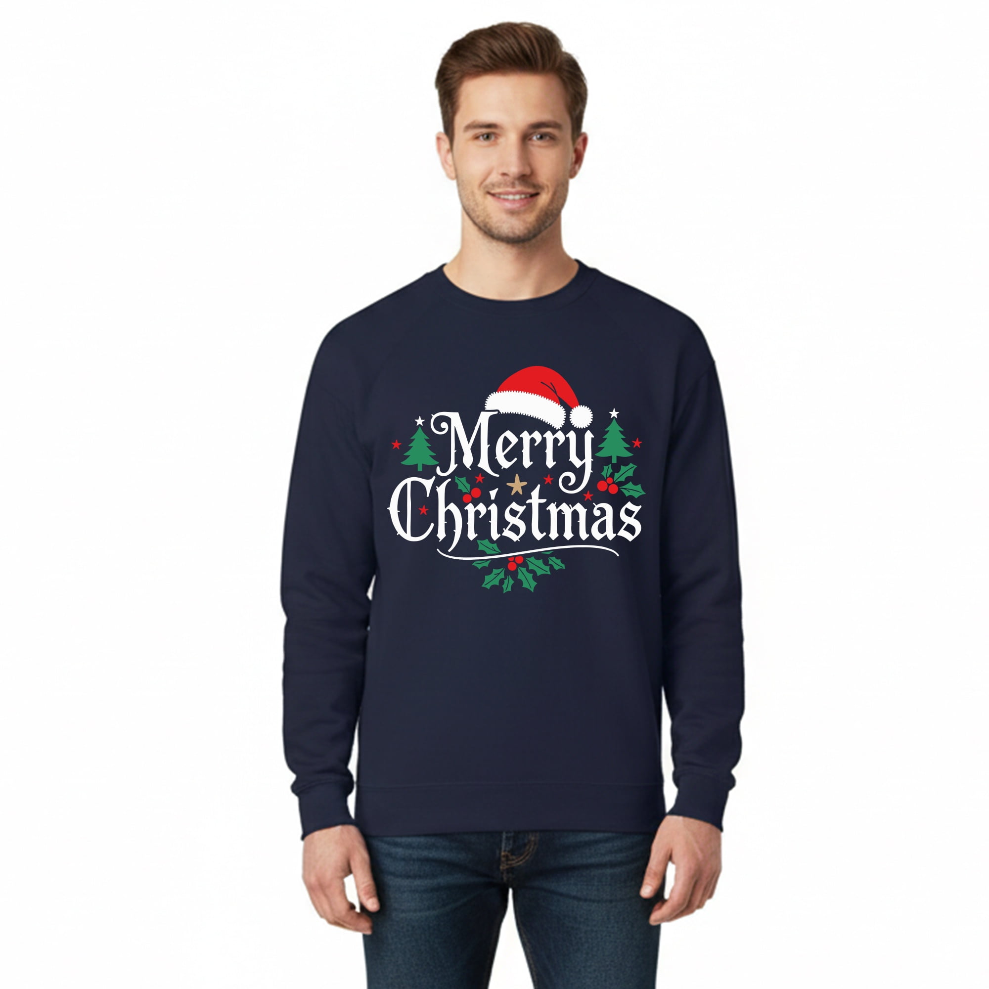 Gildan Merry Christmas with Santa Hat Design Sweatshirt, Men's Navy ...