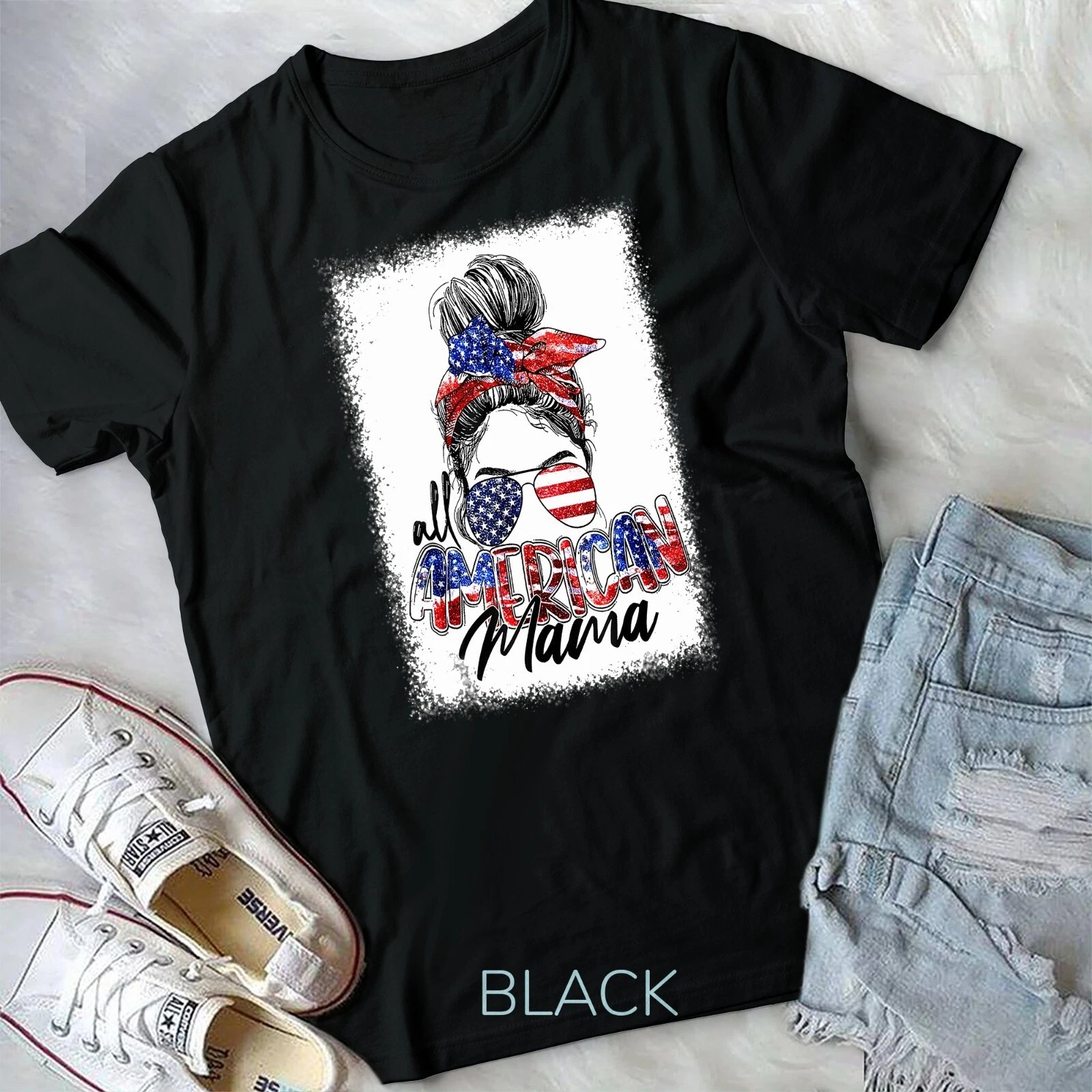 Gildan Messy Bun Patriotic Shirt - All American Mama 4Th Of July T-Shirt Unisex T-Shirt ...