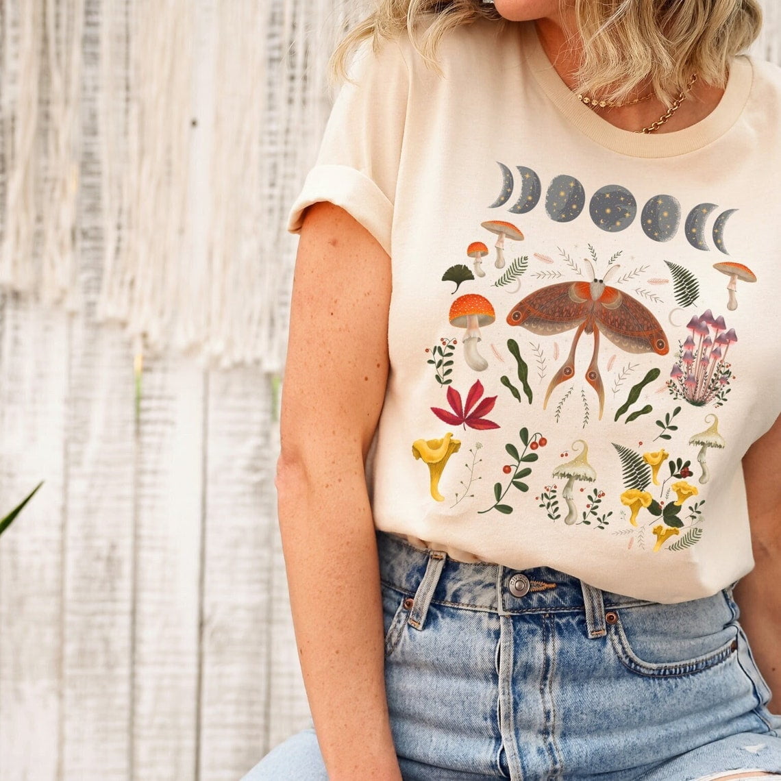 Gildan Moth And Mushroom Graphic Tee, Moon Phase Botanical Design With ...
