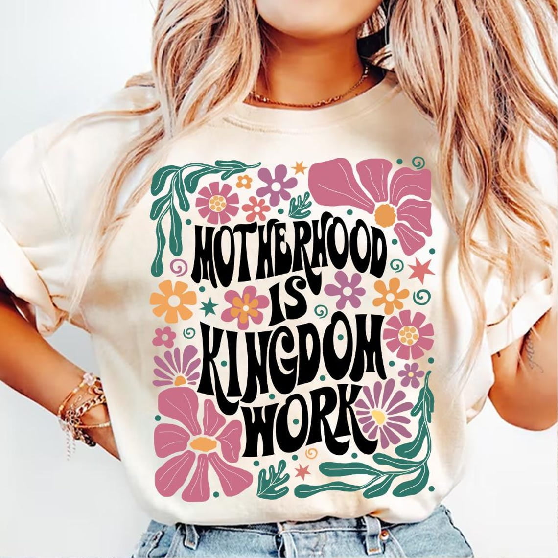 Gildan Motherhood is Kingdom Work Shirt, Boho Floral Christian Mom Tee ...