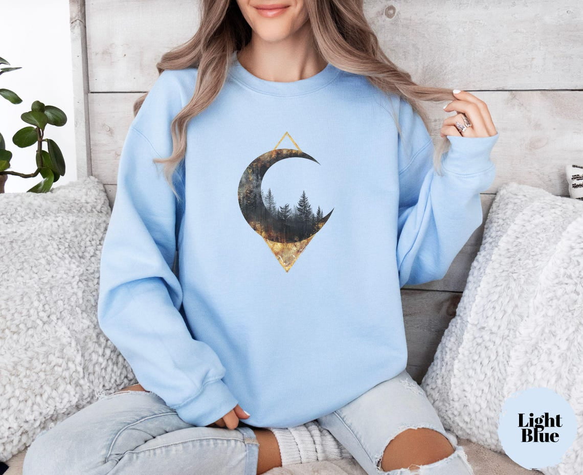Gildan Mystic Moon Forest Tee With Pine Tree Silhouette, Boho Nature-Inspired Graphic Shirt For ...