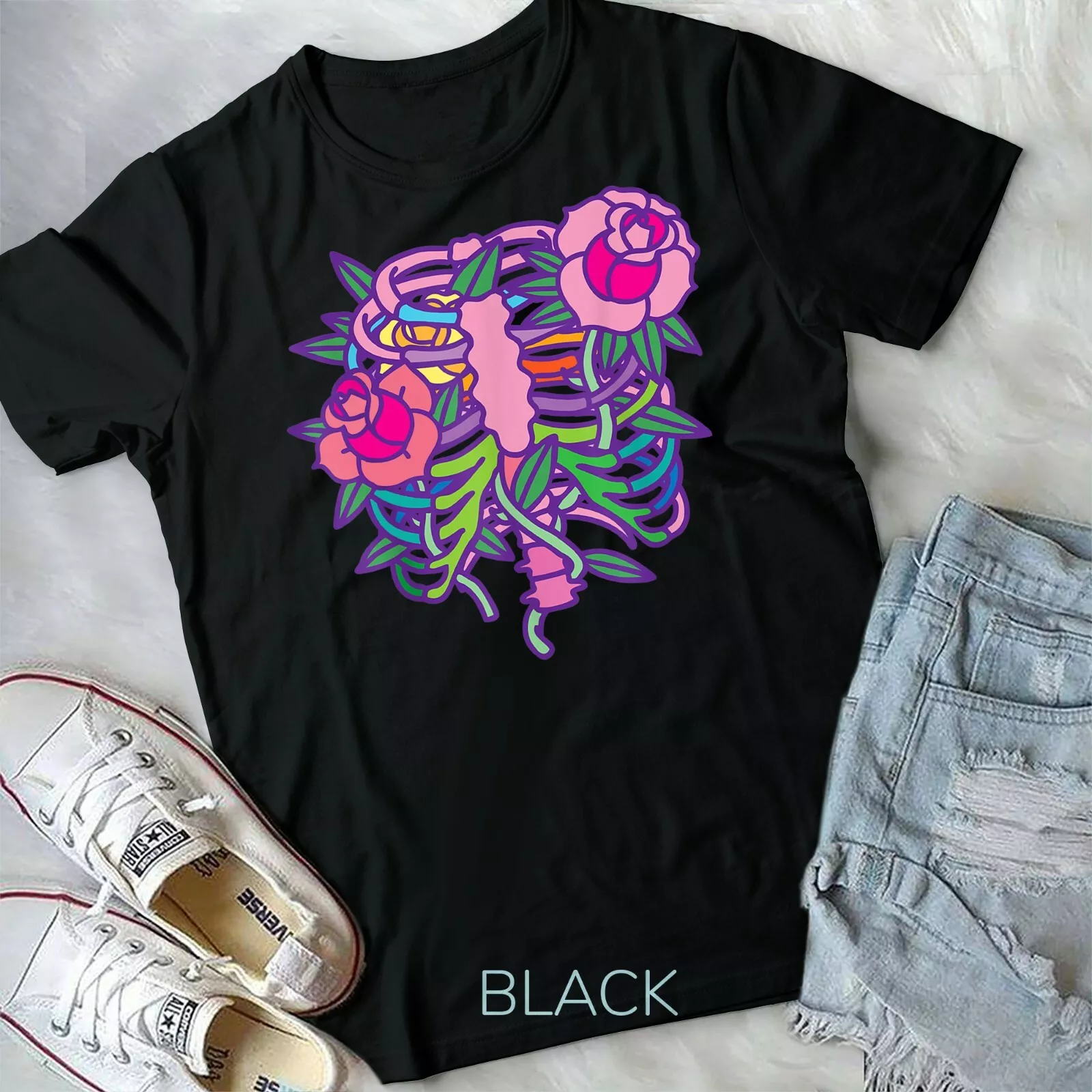 Gildan Pastel Goth Aesthetic Anime Rib Cage Flowers Unisex Form T-Shirt ...