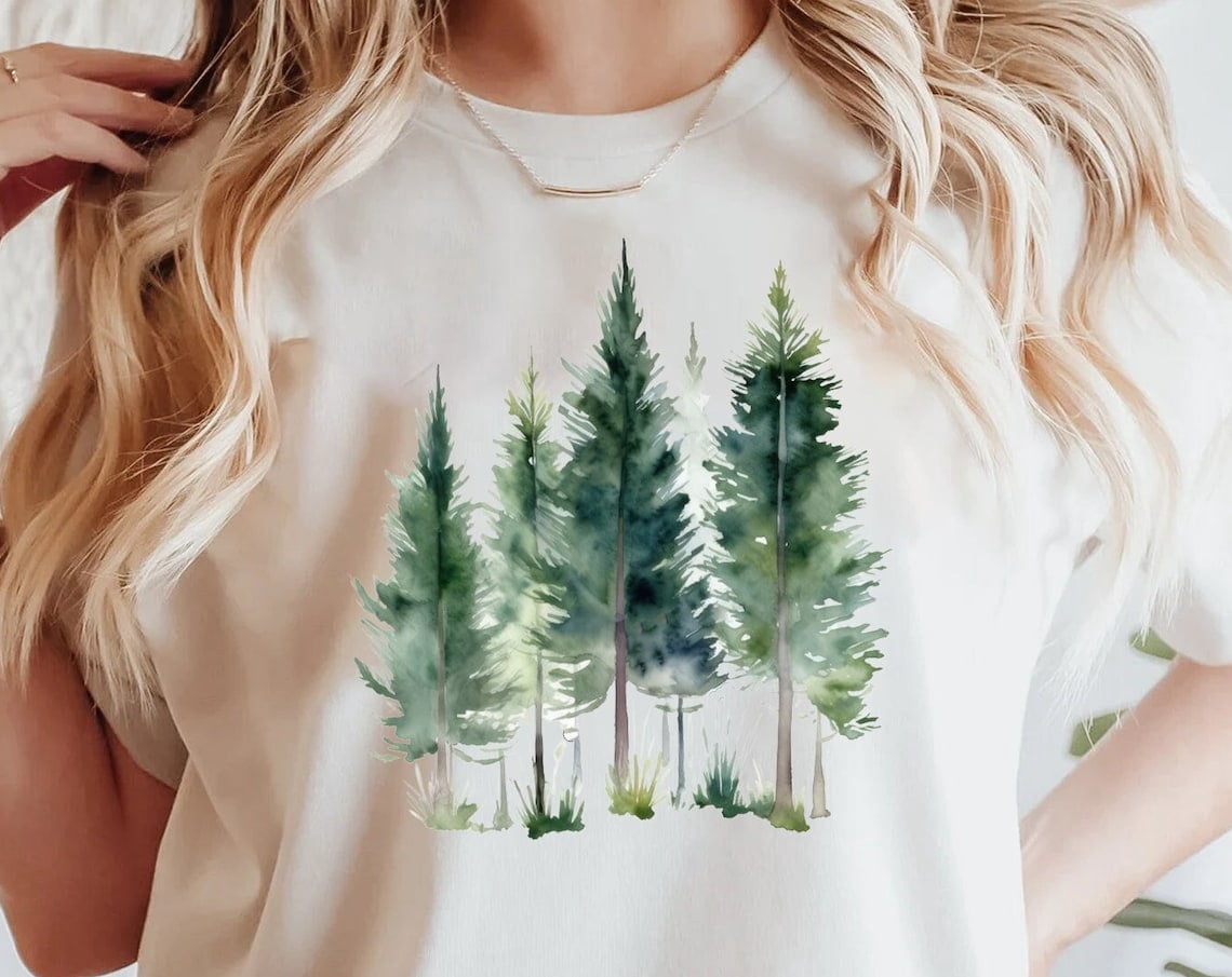 Gildan Pine Tree Watercolor Graphic Tee With Mountain Silhouette ...
