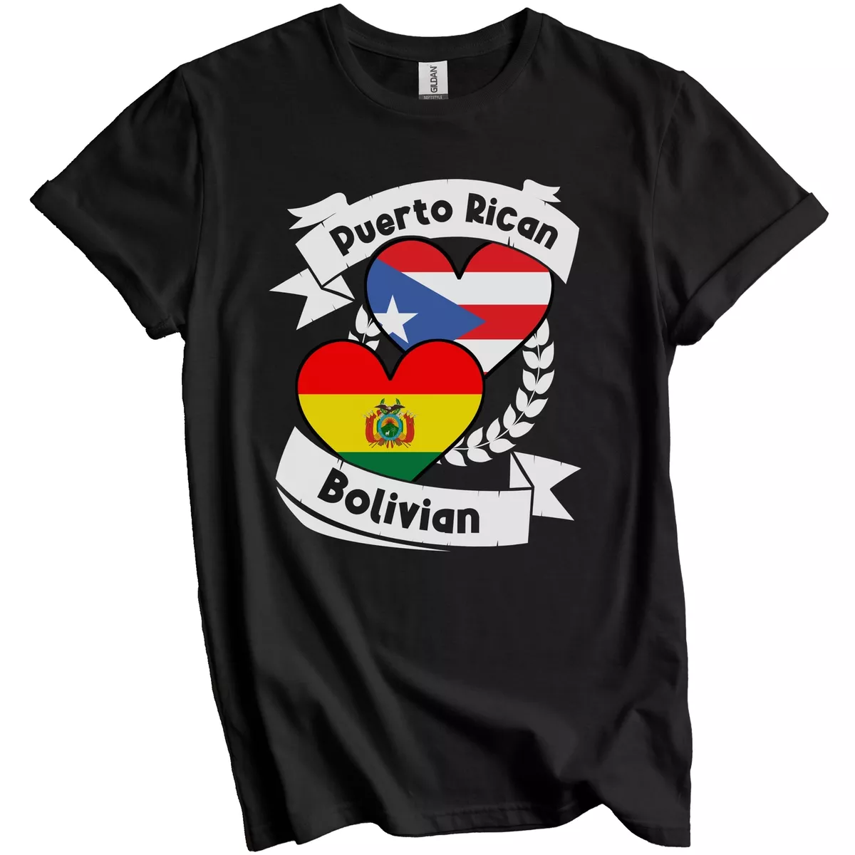 Gildan Puerto Rican Bolivian Heart Flags Puerto Rico Bolivia T-Shirt ...