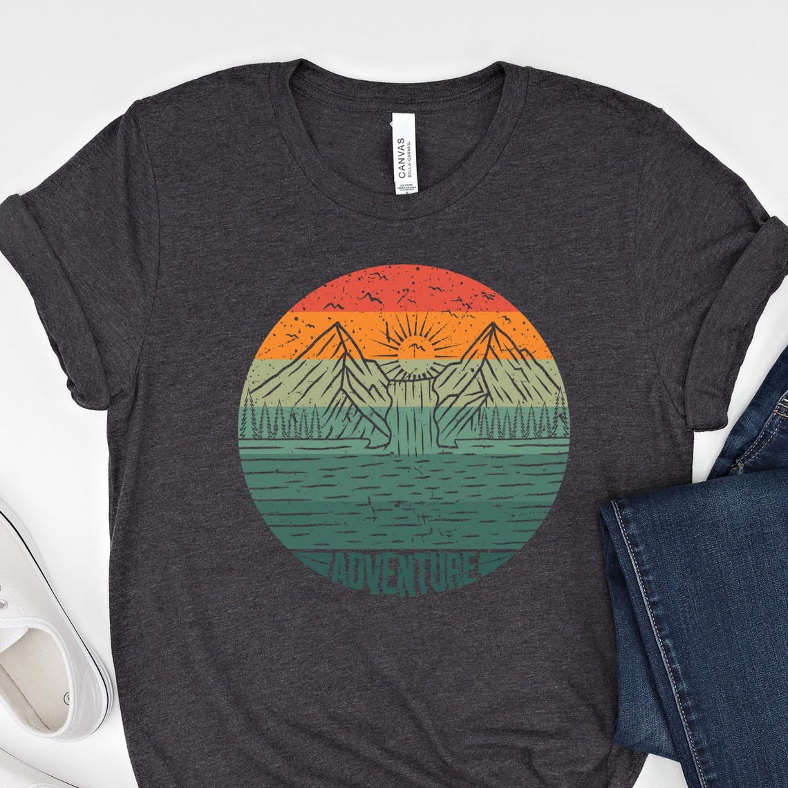 Gildan Retro Sunset Adventure Tee, Ocean Waterfall Mountain Scene With ...