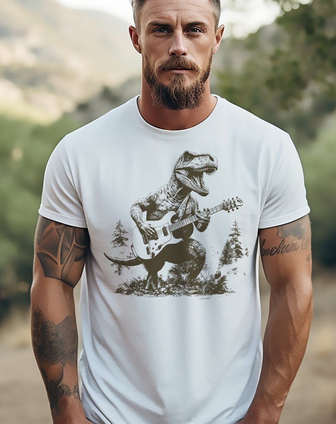 Gildan Roar And Roll T-Rex Shirt With Dinosaur Playing Guitar In Forest ...