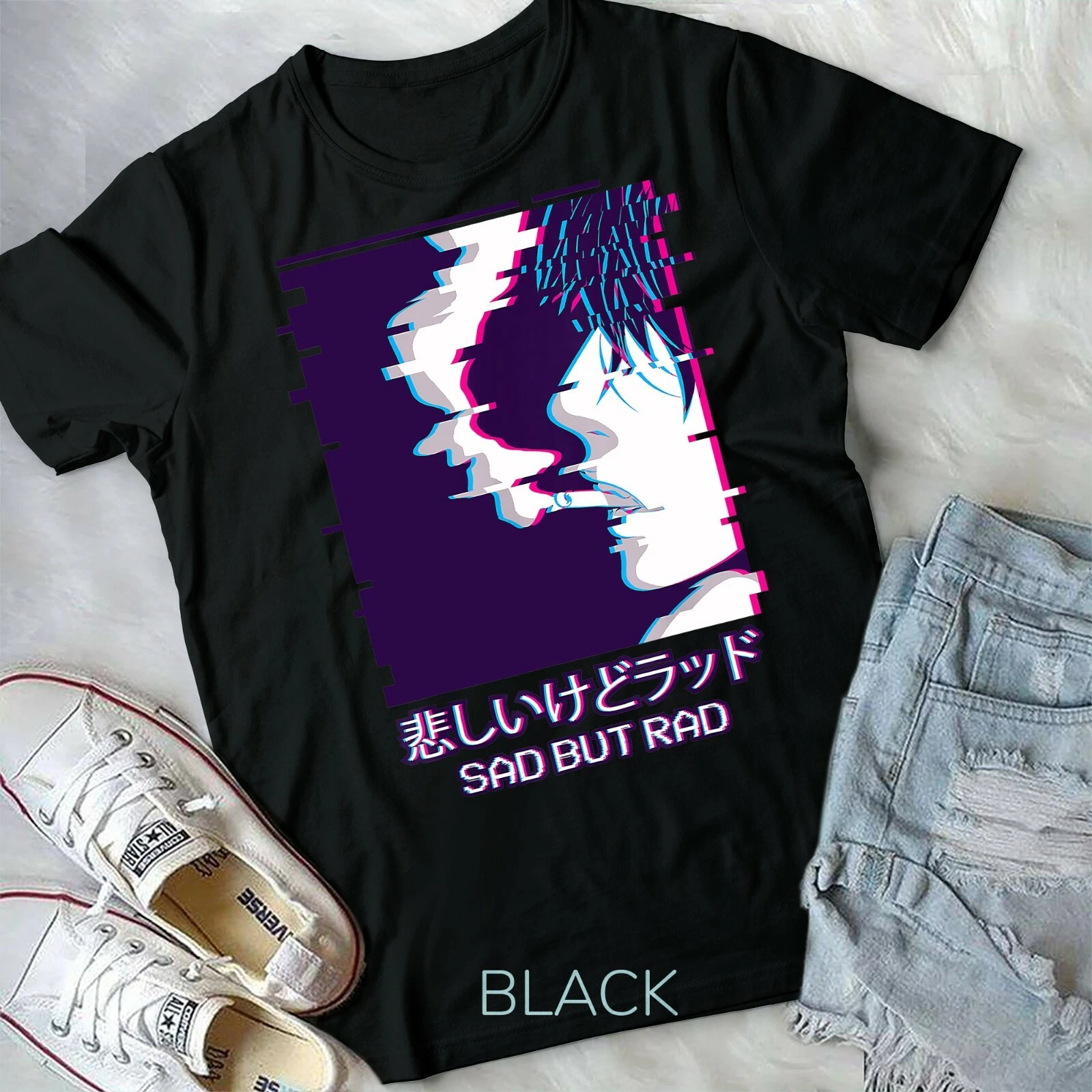 Gildan Sad But Rad - Smoking Anime Boy Japanese Aesthetic Glitch ...