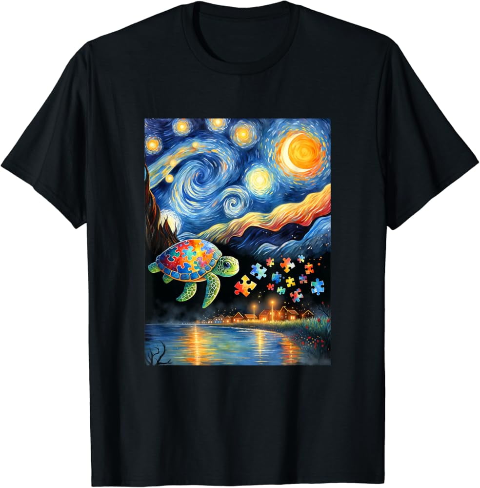Gildan Sea Turtle Autism Awareness Starry Night Van Gogh T-Shirt ...