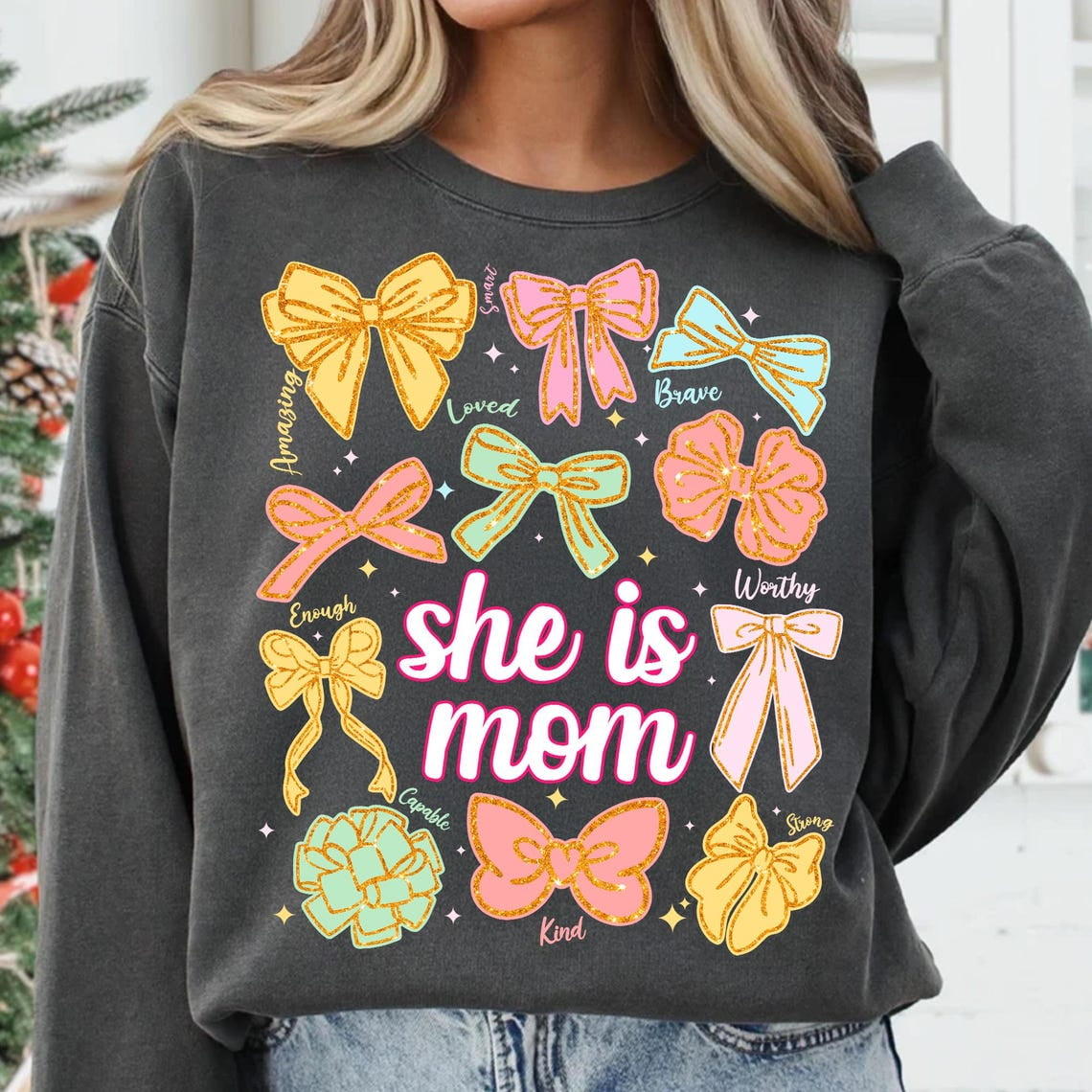 Gildan She Is Mom Graphic Tee, Varsity Style Text With Pink Bow and ...