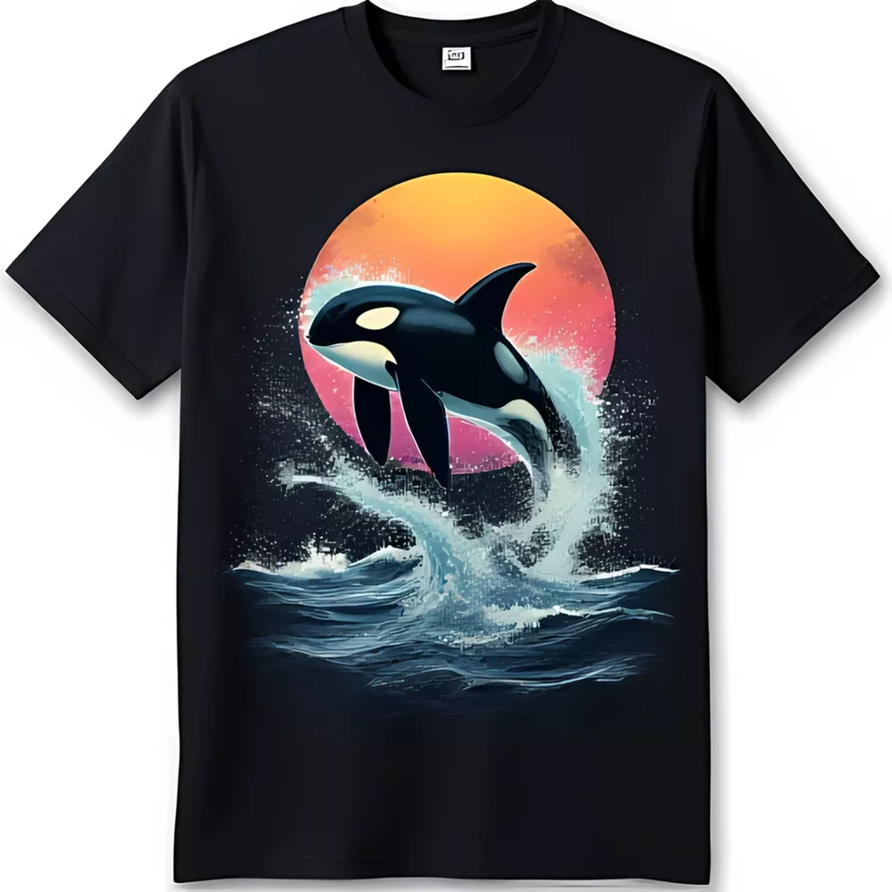Gildan Stunning Orca Leaping T-Shirt Black Tee with Vibrant Sunset ...