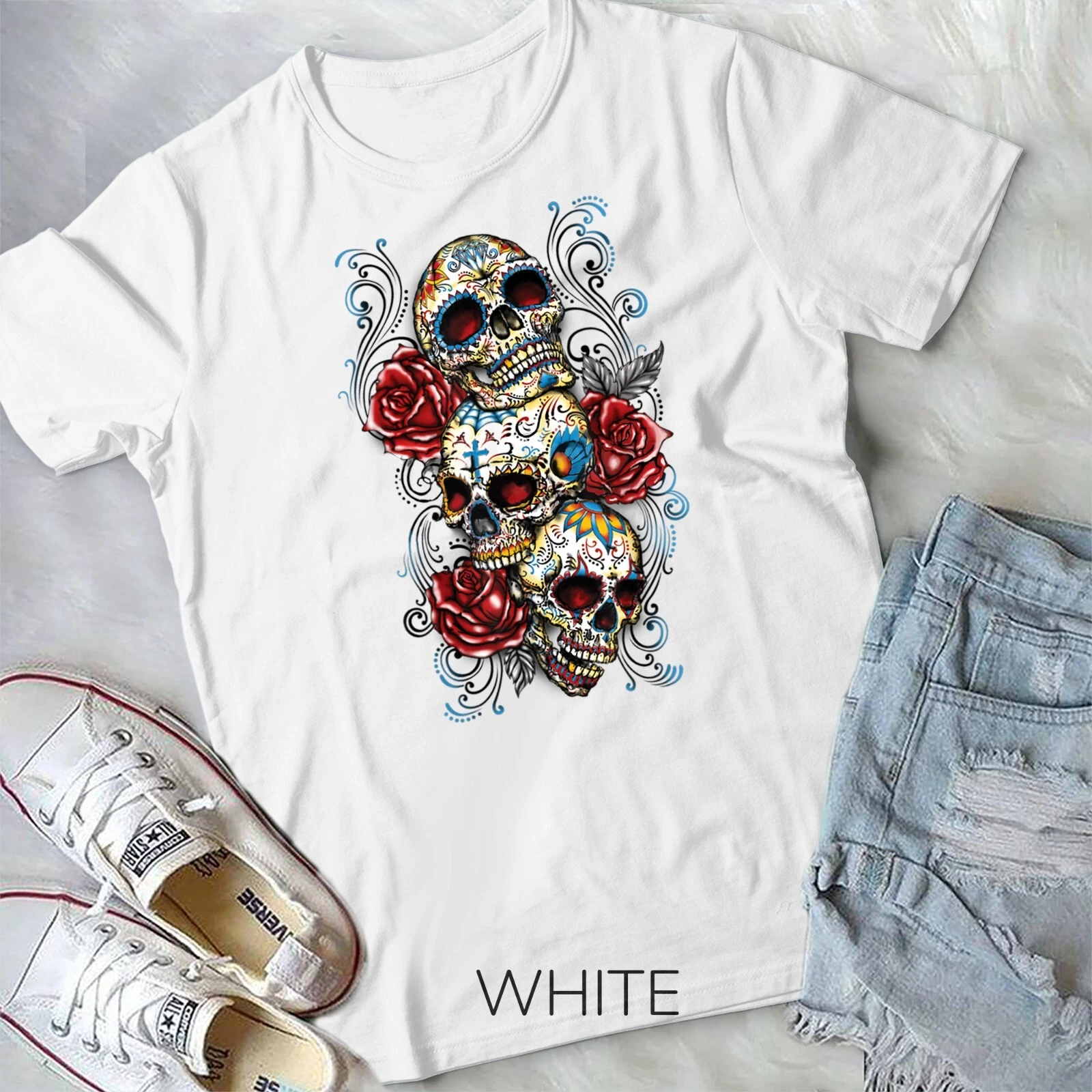 Gildan Sugar Skull T Shirt Roses Three Skull Tshirt Day of the Dead ...