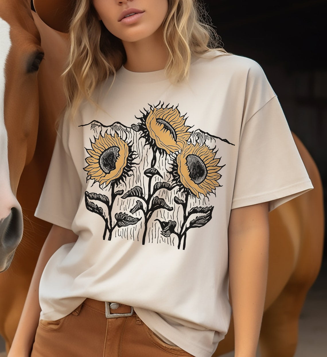 Gildan Sunflower And Mountain Autumn Shirt With Block Print Aesthetic ...