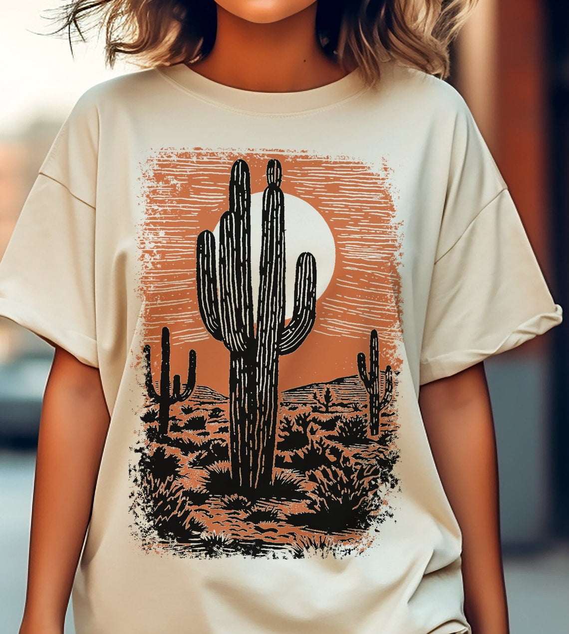 Gildan Sunset Desert Cactus Tee With Linocut Print Design, Vintage ...