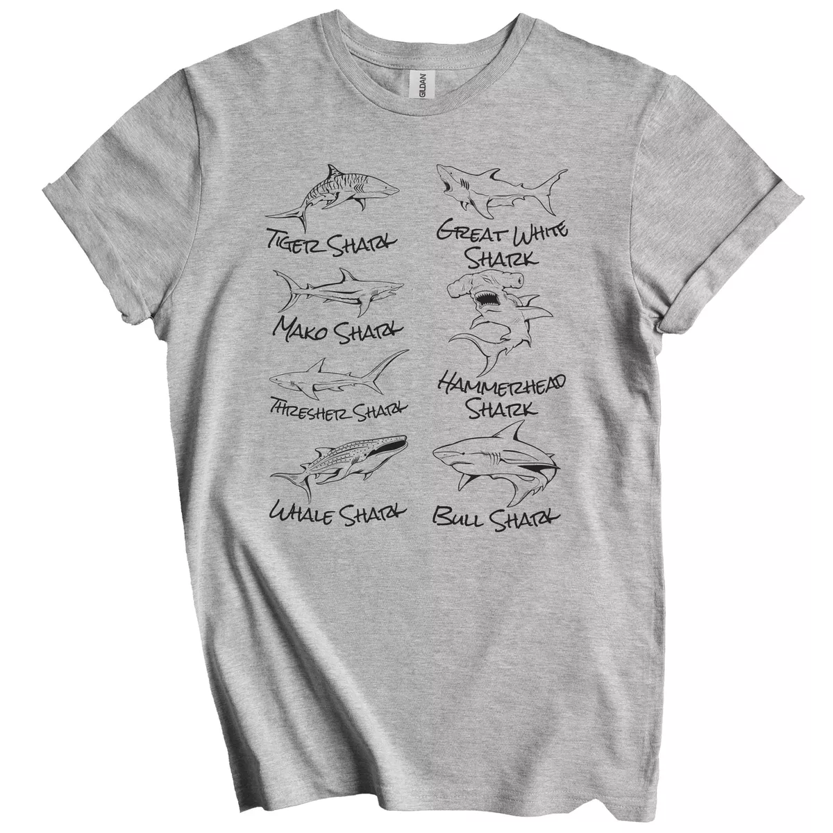 Gildan Types of Sharks Cool Shark T-Shirt - Shark Gift Gift for Men ...
