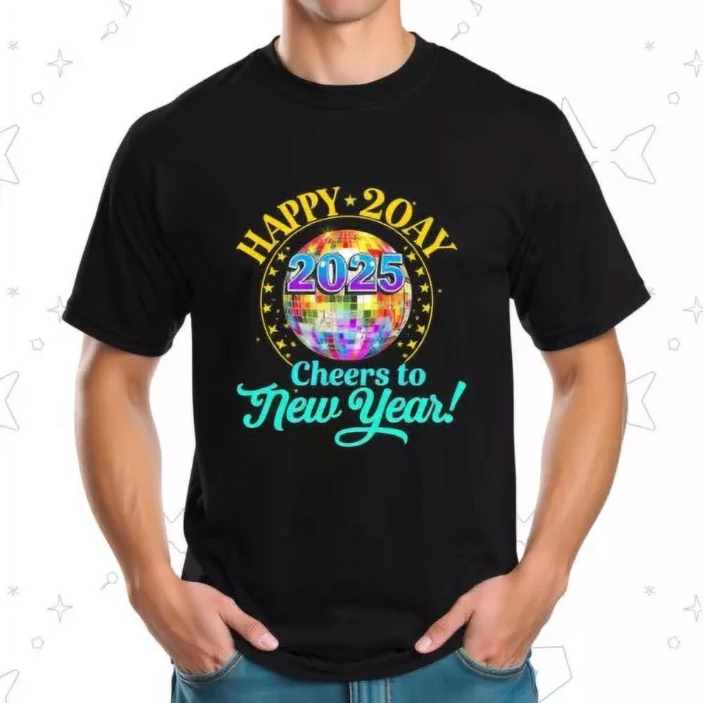 Gildan Vibrant New Year 2025 Black T-Shirt with Design - "Happy 2025 ...