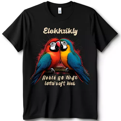 Gildan Vibrant Parrot Design Black T-Shirt with Gold Elekktrikly Print ...